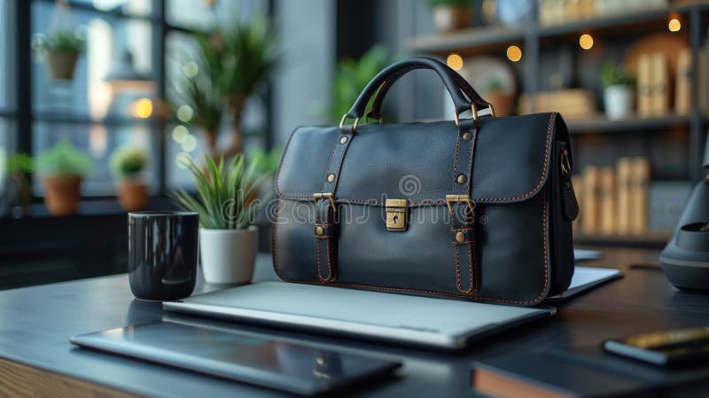 Remote Work Setup Black Briefcase, Laptop, and Planner on an Office ...