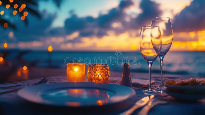 Romantic Dinner on the Beach with Beautiful Table Setting, Candlelight ...