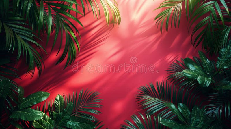 Top View of Abstract Minimal Red Background with Palm Branches Frame ...