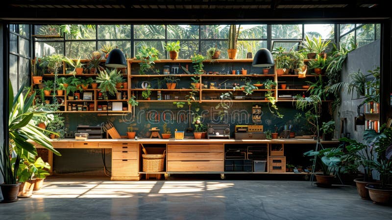 An Unoccupied Workshop Adorned with Tools and Plants, Displaying ...