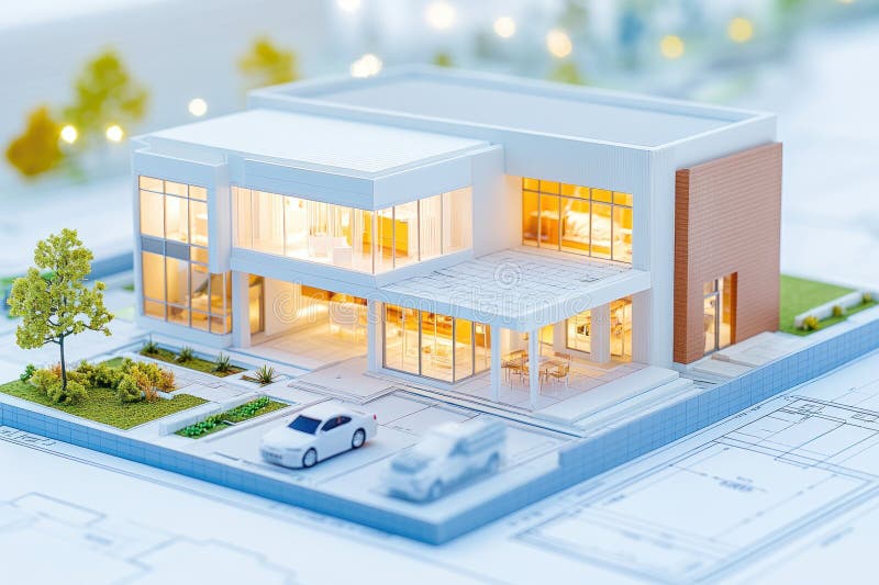 Architectural House Model on Blueprints for Construction Planning and ...