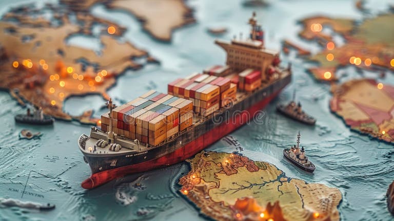 Container Ship Model on World Map: Transcontinental Transportation and ...