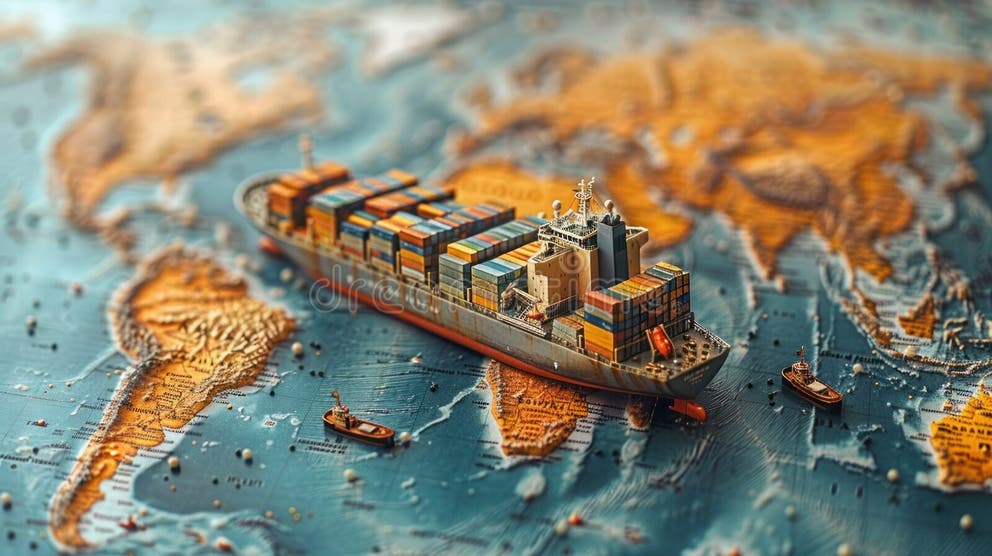 Container Ship Model on World Map: Transcontinental Transportation and ...