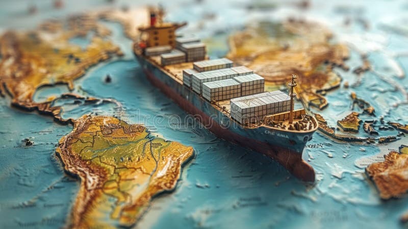 Container Ship Model on World Map: Transcontinental Transportation and ...