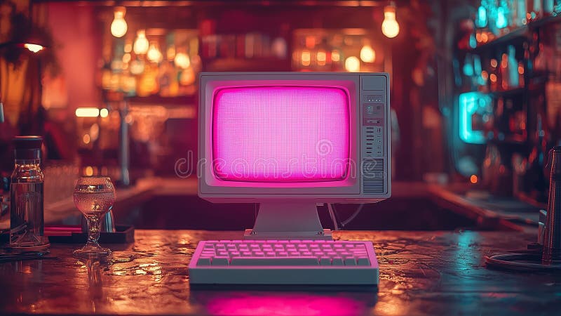 Vintage Computer with Neon Screen in Retro Bar Stock Illustration ...