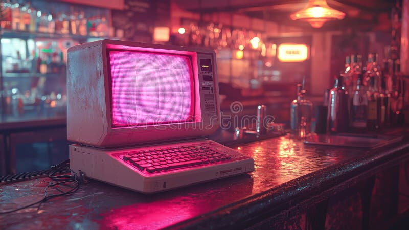 Vintage Computer with Neon Screen in Retro Bar Stock Illustration ...