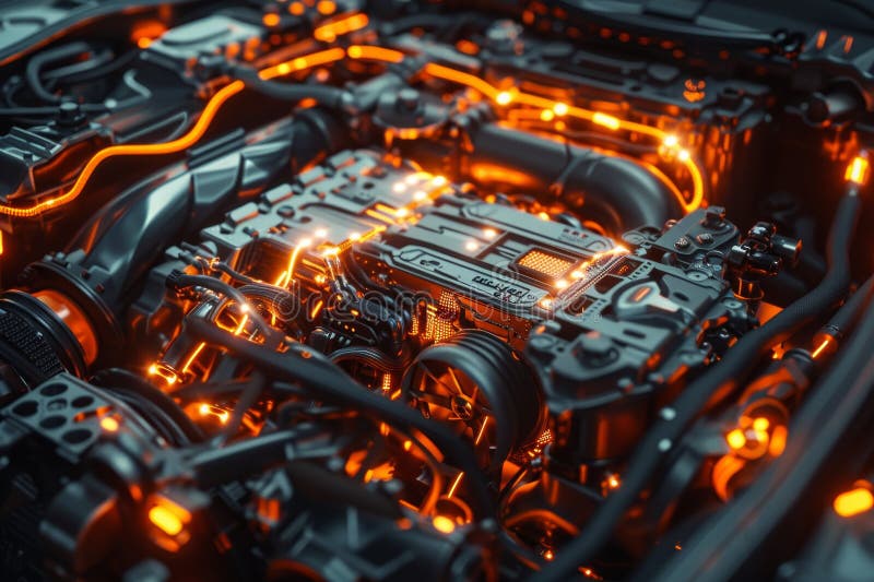 High Quality Image of Futuristic Car Engine with Illuminated Circuits ...