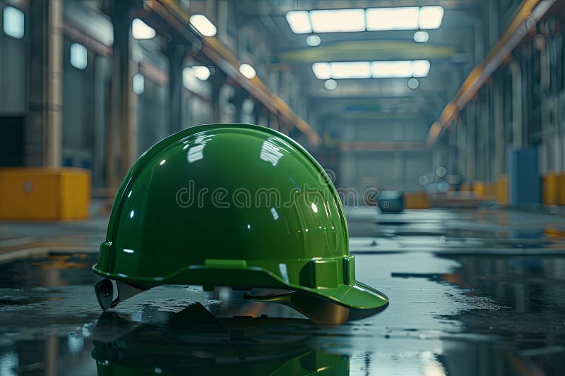 High-quality Mockup of Green Construction Helmet Against Warehouse ...