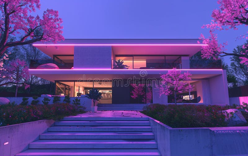 High-Quality Neon Purple Single-Story Modern House -Generative Ai Stock ...