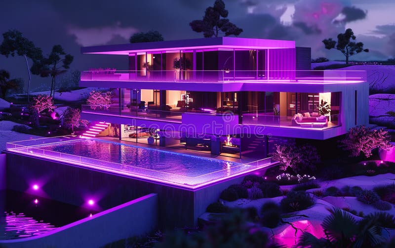High-Quality Neon Violet One-Level Modern House -Generative Ai Stock ...