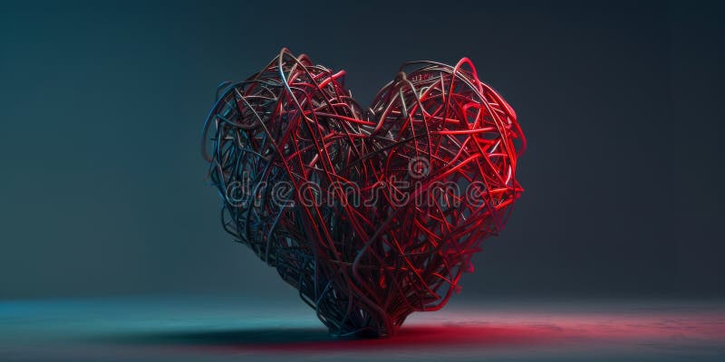 Intricate Wire Heart Sculpture in Contrasting Red and Blue Lighting ...