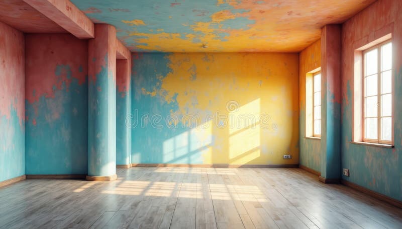 Brightly Painted Ceiling Mural in an Empty Room Stock Illustration ...