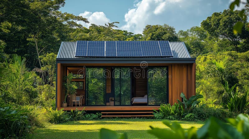 Compact Solar Panel Installed on a Tiny House, Surrounded by Lush ...