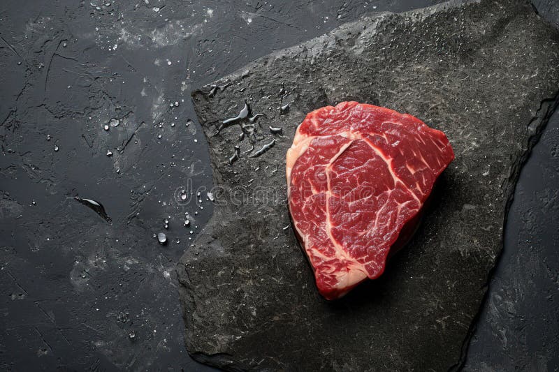 High-quality Raw Beef Steak on a Dark, Wet Stone with Water Droplets ...