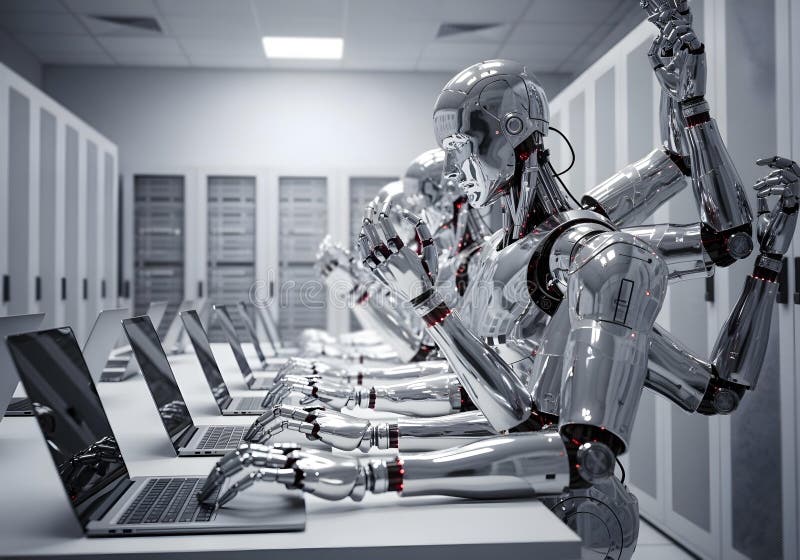 Humanoid Robot AI Agent with Multiple Arms Typing on Several Laptops ...
