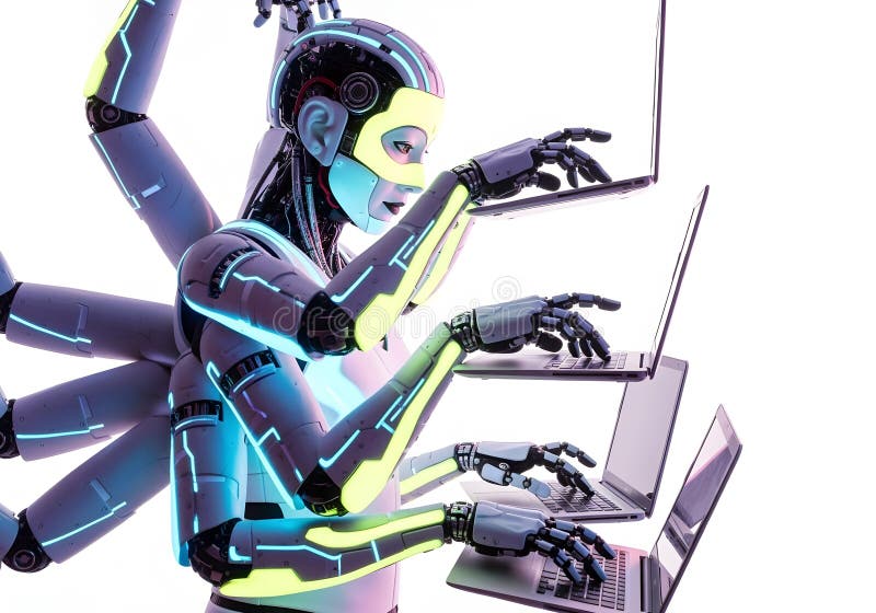 Humanoid Robot AI Agent with Multiple Arms Typing on Several Laptops ...