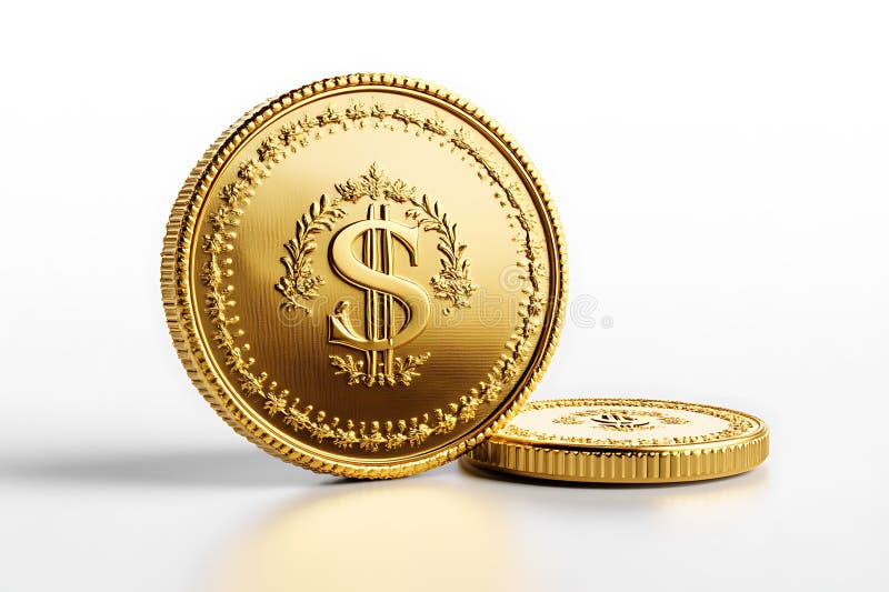 High-quality Studio Shot of Two Golden Dollar Coins on a White Surface ...