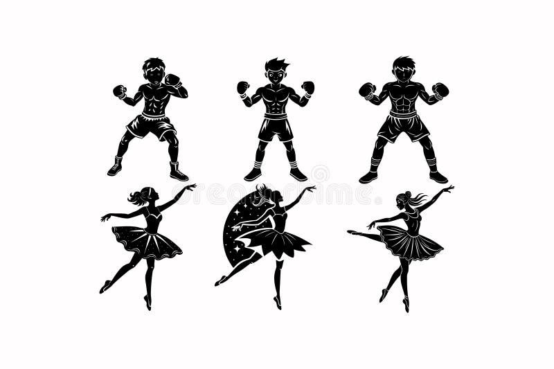 Ballet Dancer and Boxer Vector Silhouette on White Background – Dynamic ...