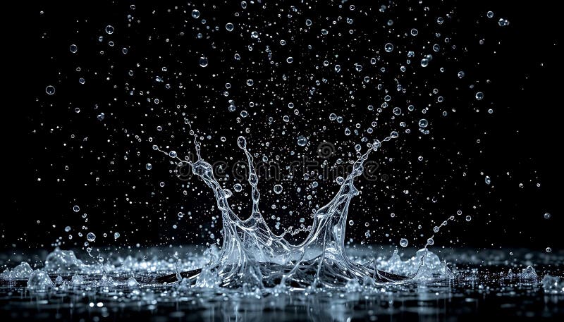 Liquid Art: Dynamic Water Droplets Splashing on Black Pure Dark Macro ...