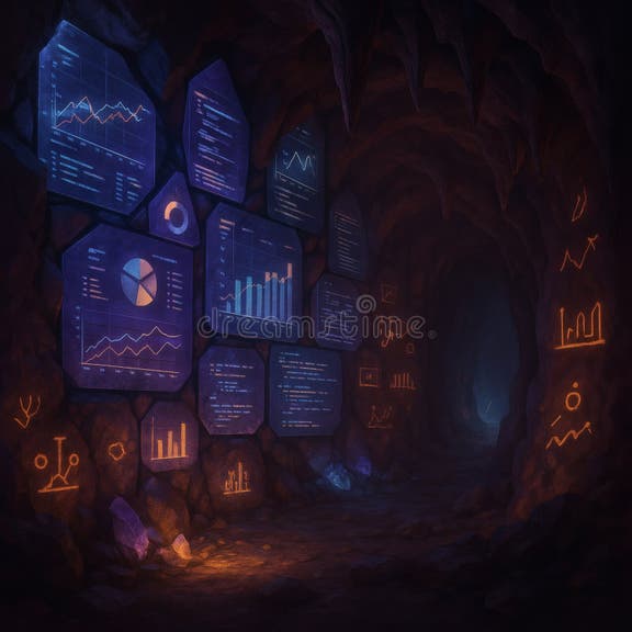 Futuristic Underground Data Cave with Glowing Analytics Dashboards and ...