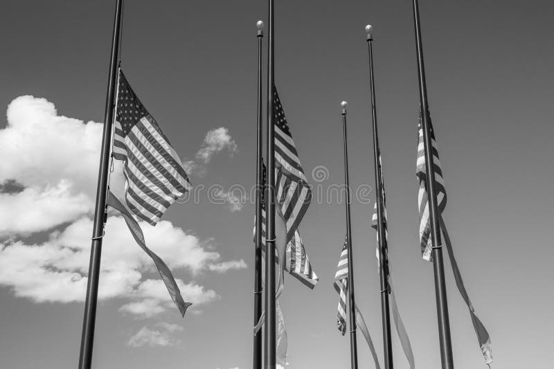 Four American Flags in a Black and White Photo with a Cloudy Sky Stock ...