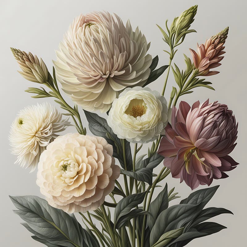High Resolution Botanical Study Featuring Realistic Floral Bouquet with ...