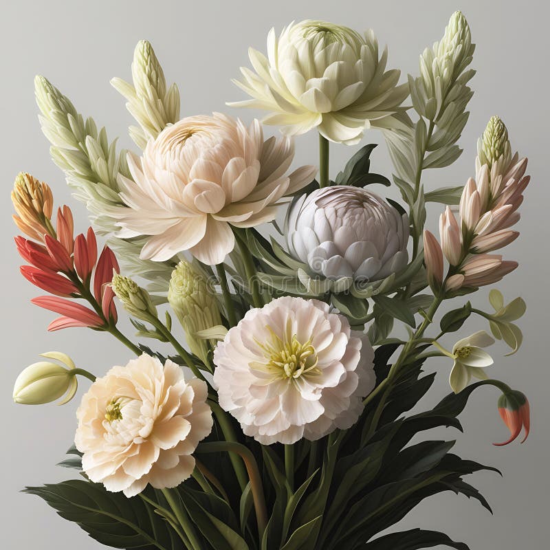High Resolution Botanical Study Featuring Realistic Floral Bouquet with ...