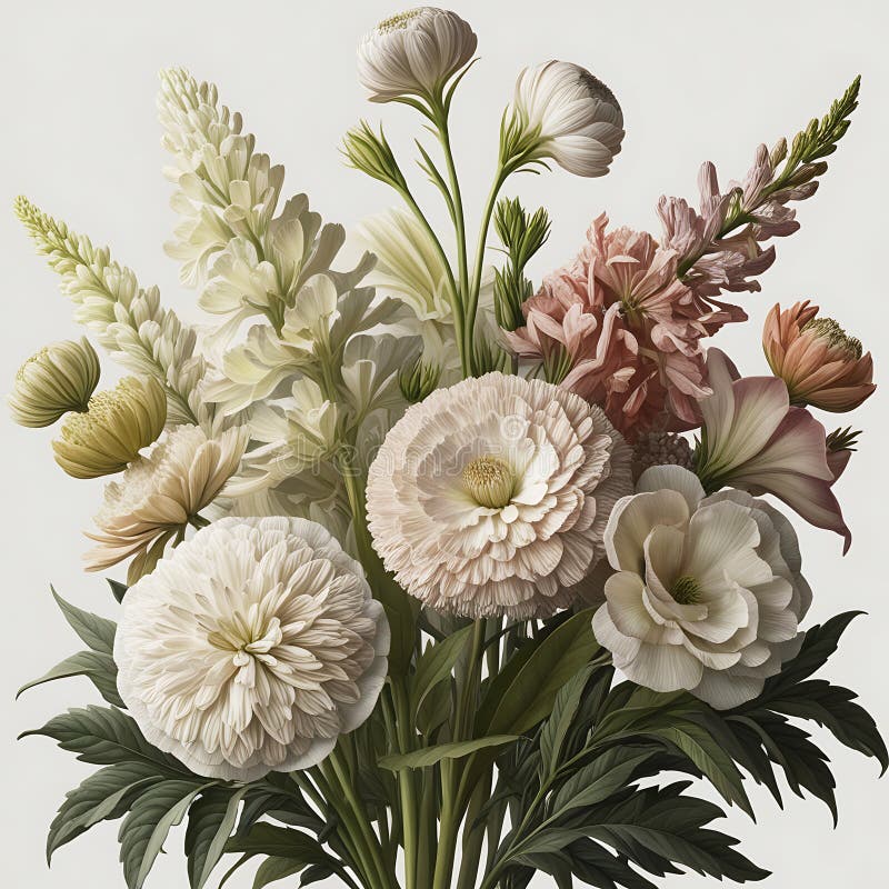 High Resolution Botanical Study Featuring Realistic Floral Bouquet with ...