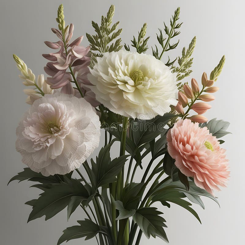 High Resolution Botanical Study Featuring Realistic Floral Bouquet with ...