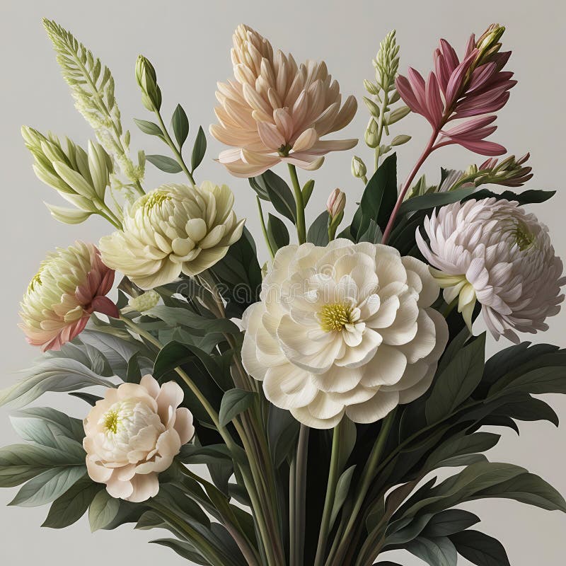 High Resolution Botanical Study Featuring Realistic Floral Bouquet with ...