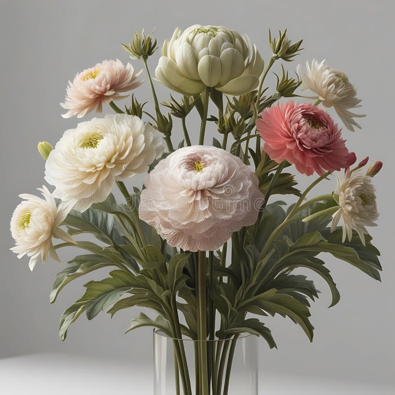 High Resolution Botanical Study Featuring Realistic Floral Bouquet with ...