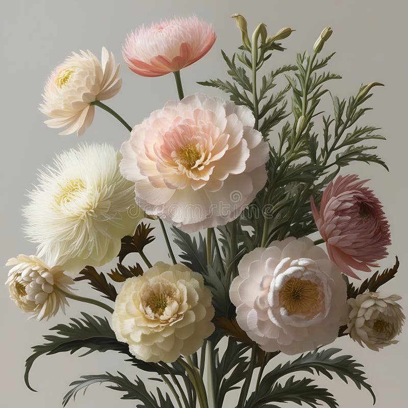 High Resolution Botanical Study Featuring Realistic Floral Bouquet with ...