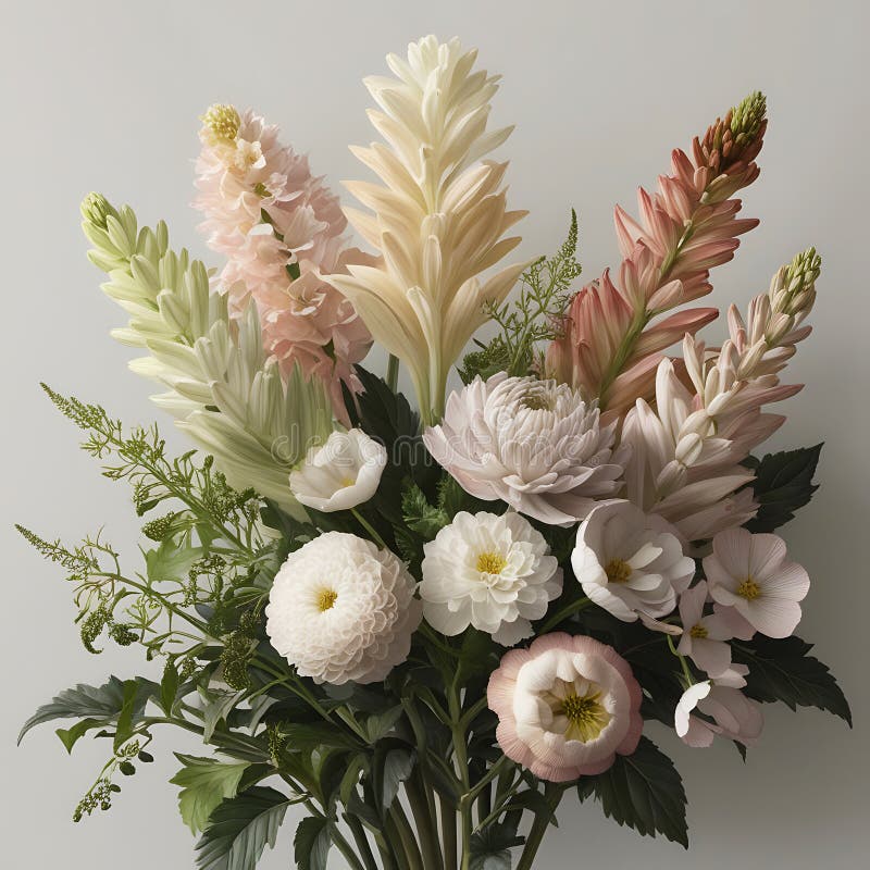 High Resolution Botanical Study Featuring Realistic Floral Bouquet with ...