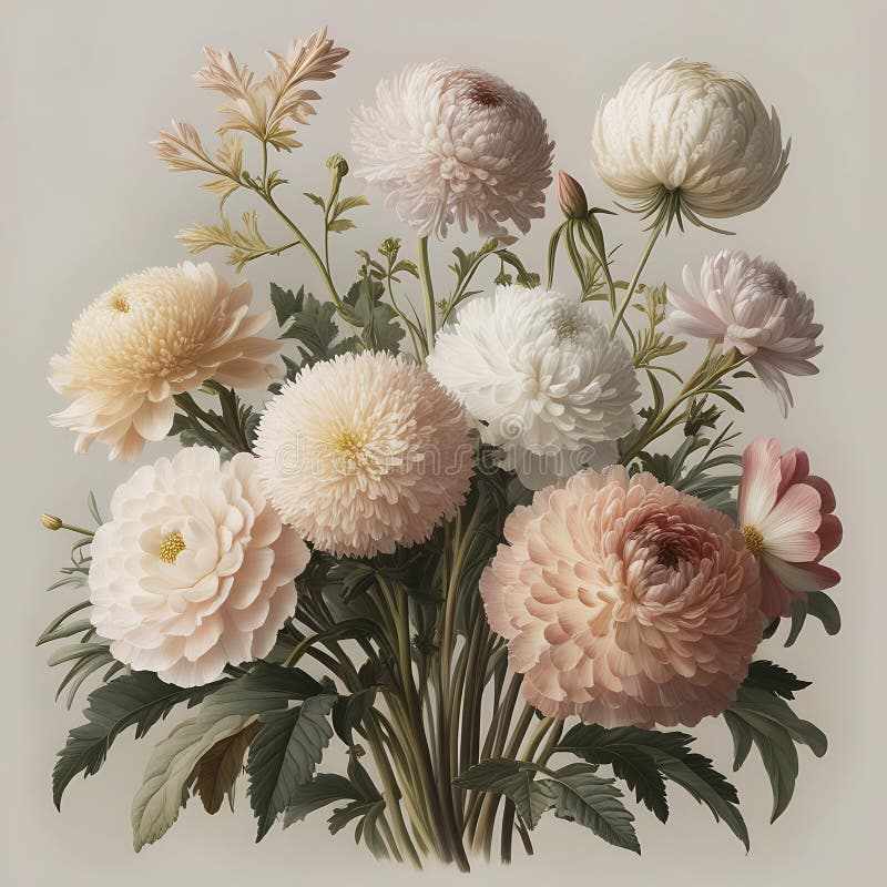 High Resolution Botanical Study Featuring Realistic Floral Bouquet with ...
