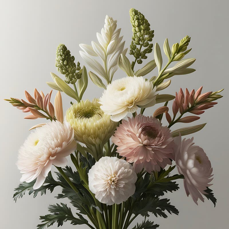 High Resolution Botanical Study Featuring Realistic Floral Bouquet with ...