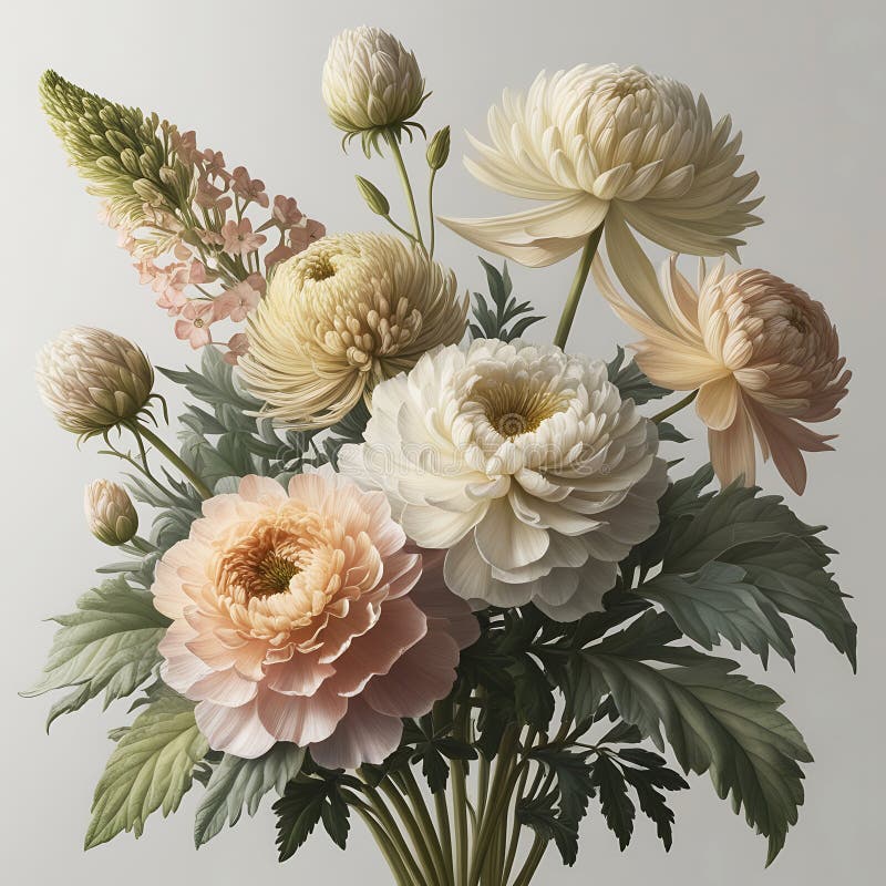 High Resolution Botanical Study Featuring Realistic Floral Bouquet with ...