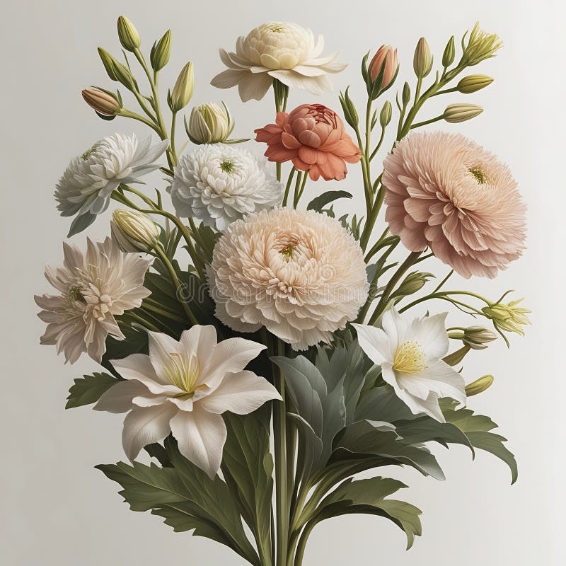 High Resolution Botanical Study Featuring Realistic Floral Bouquet with ...