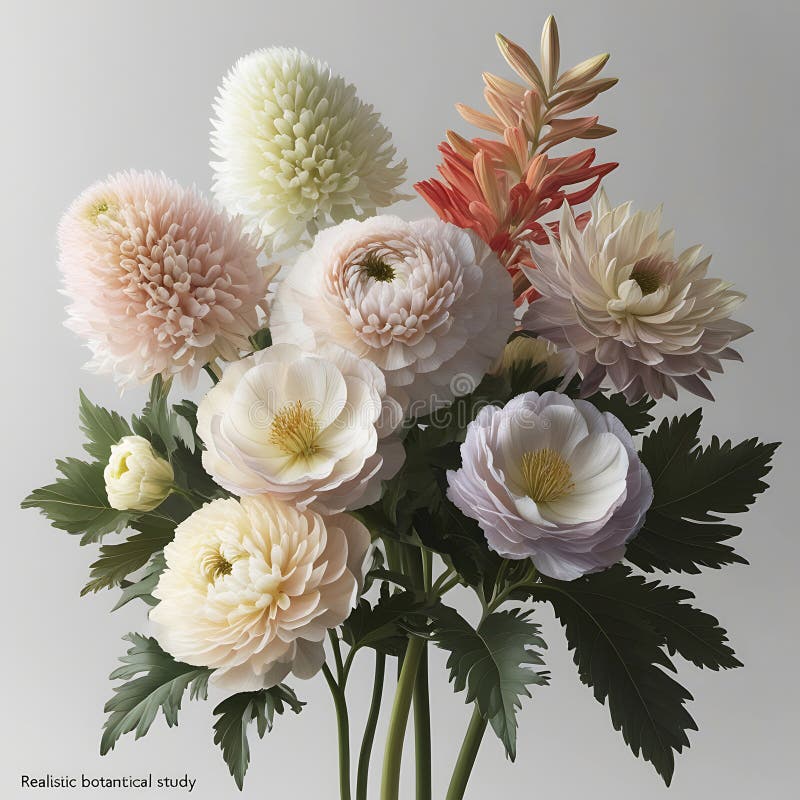High Resolution Botanical Study Featuring Realistic Floral Bouquet with ...