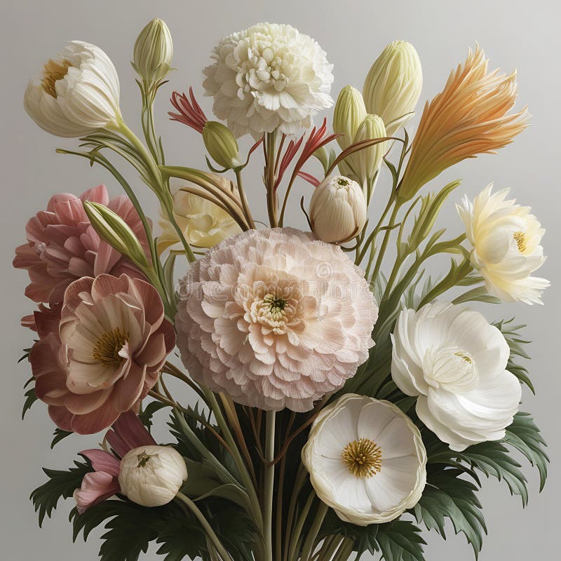 High Resolution Botanical Study Featuring Realistic Floral Bouquet with ...