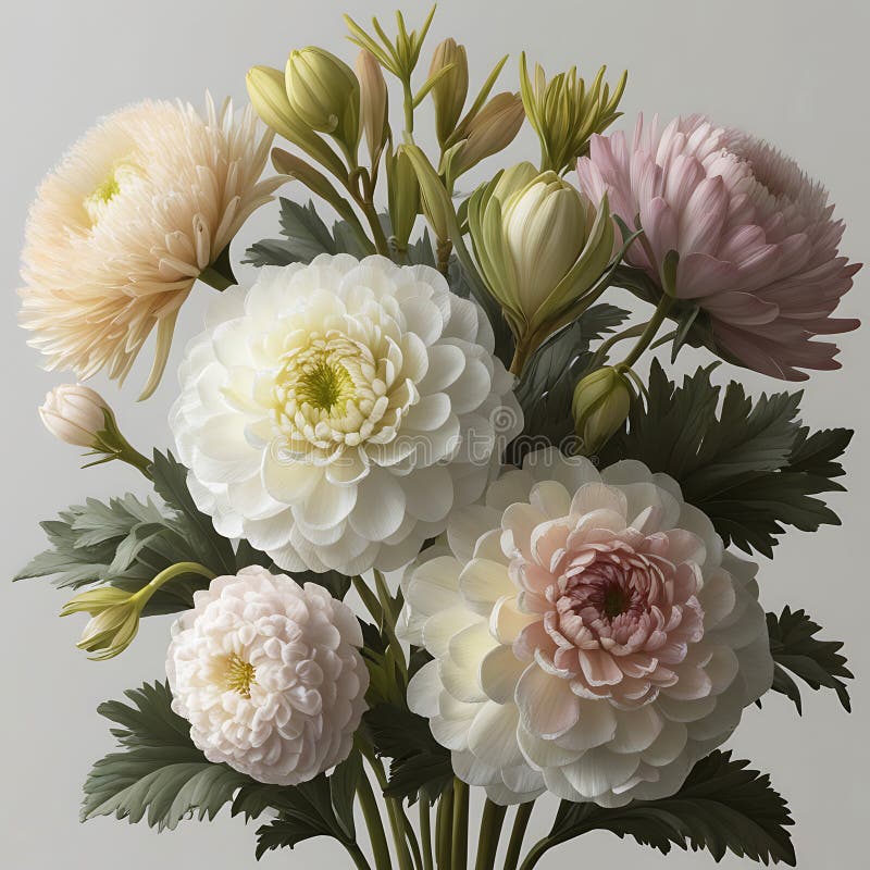 High Resolution Botanical Study Featuring Realistic Floral Bouquet with ...