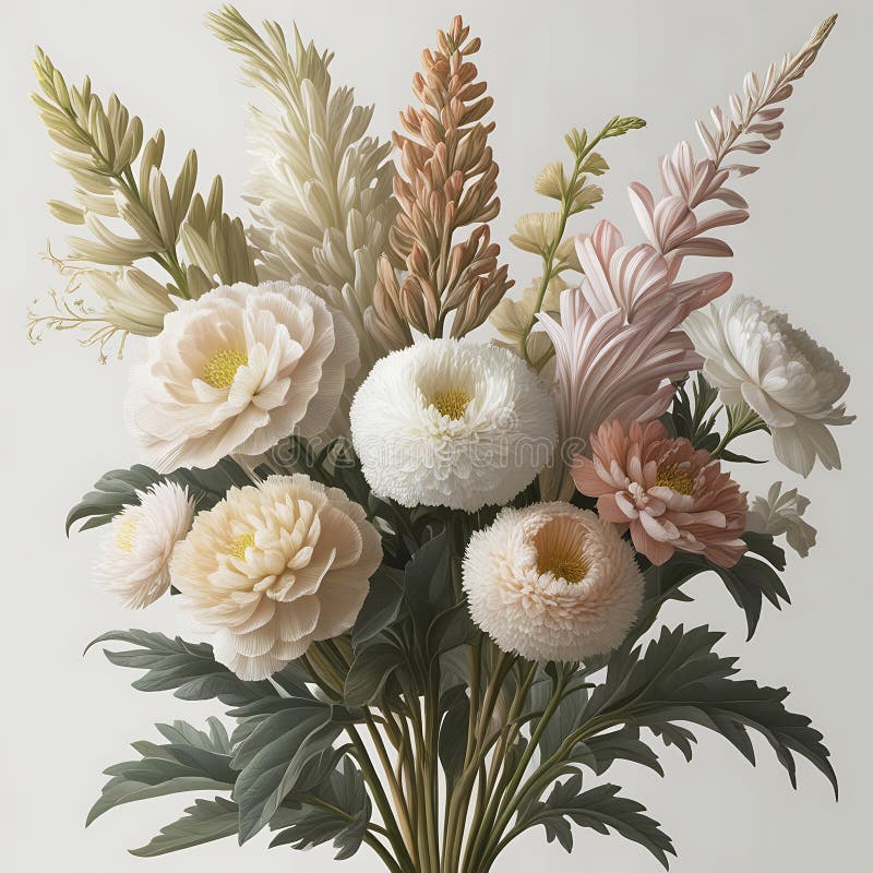 High Resolution Botanical Study Featuring Realistic Floral Bouquet with ...