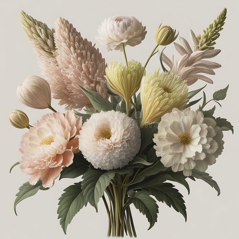 High Resolution Botanical Study Featuring Realistic Floral Bouquet with ...
