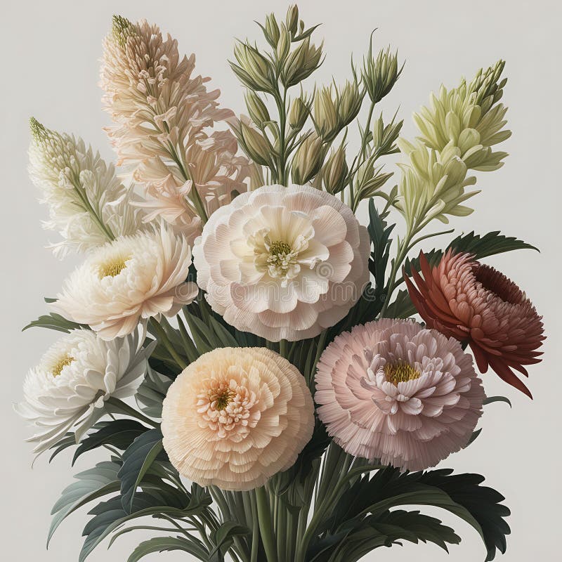 High Resolution Botanical Study Featuring Realistic Floral Bouquet with ...