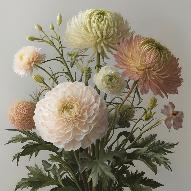 High Resolution Botanical Study Featuring Realistic Floral Bouquet with ...