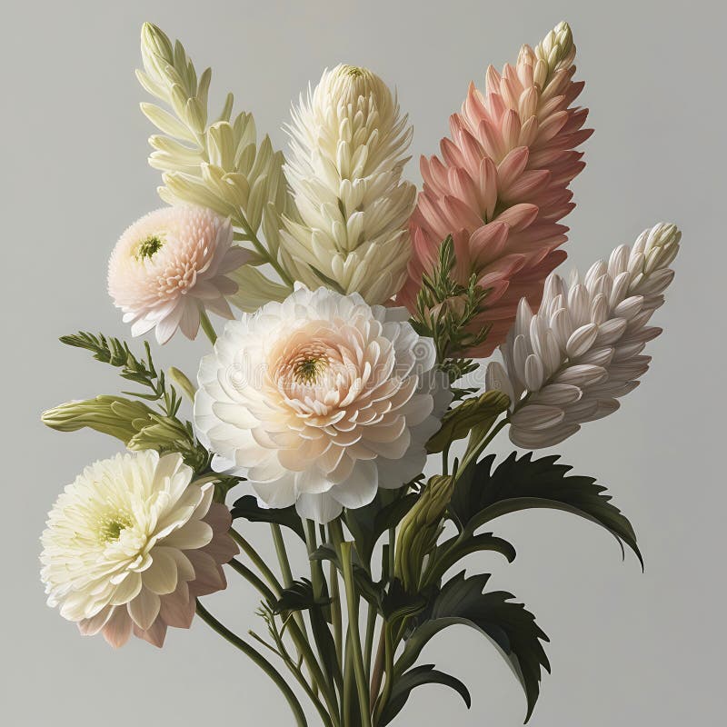 High Resolution Botanical Study Featuring Realistic Floral Bouquet with ...