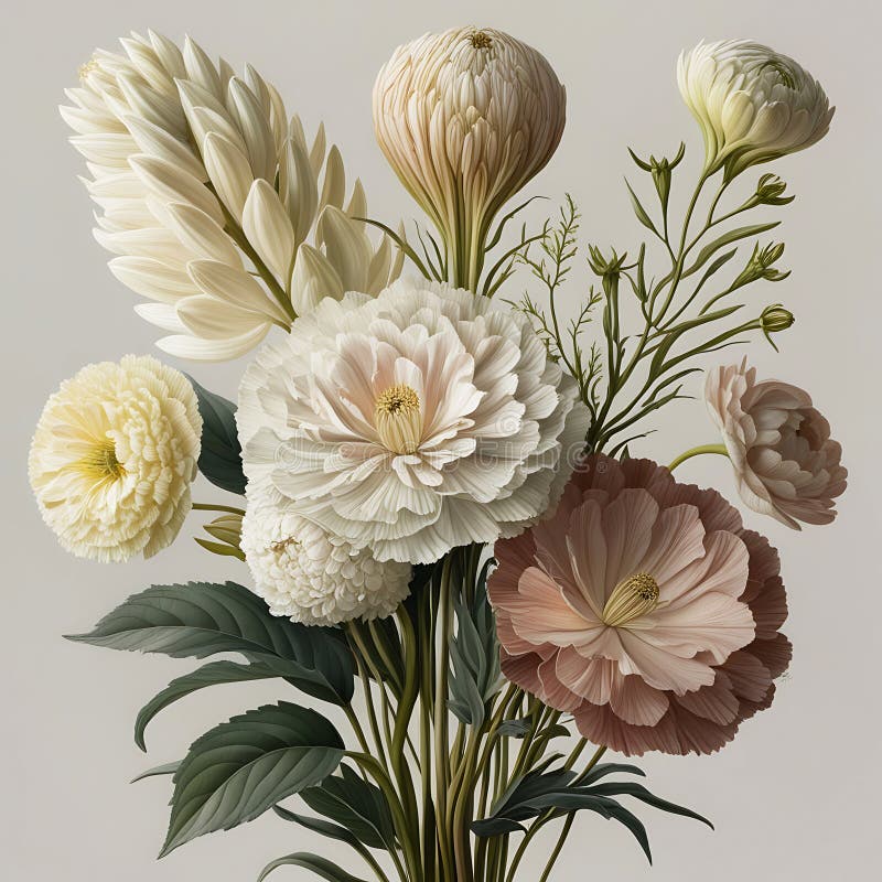 High Resolution Botanical Study Featuring Realistic Floral Bouquet with ...