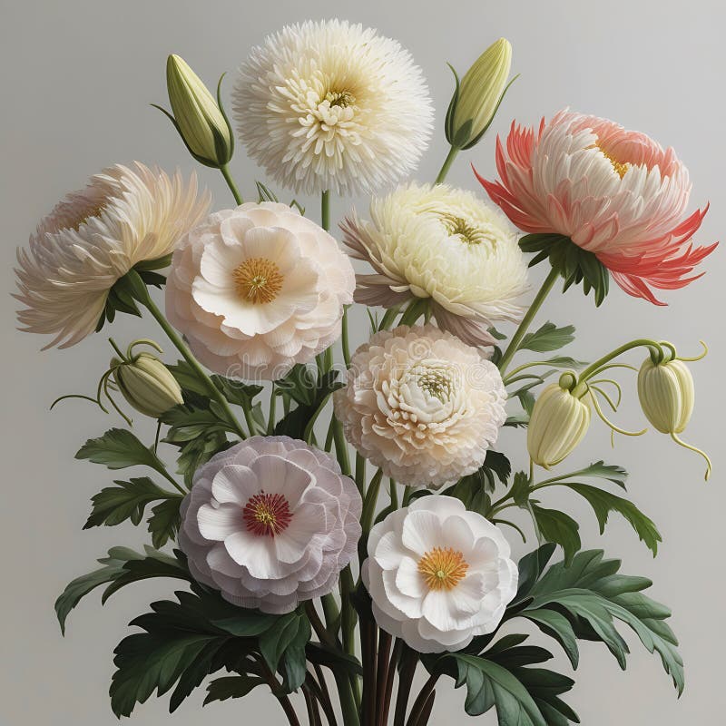 High Resolution Botanical Study Featuring Realistic Floral Bouquet with ...