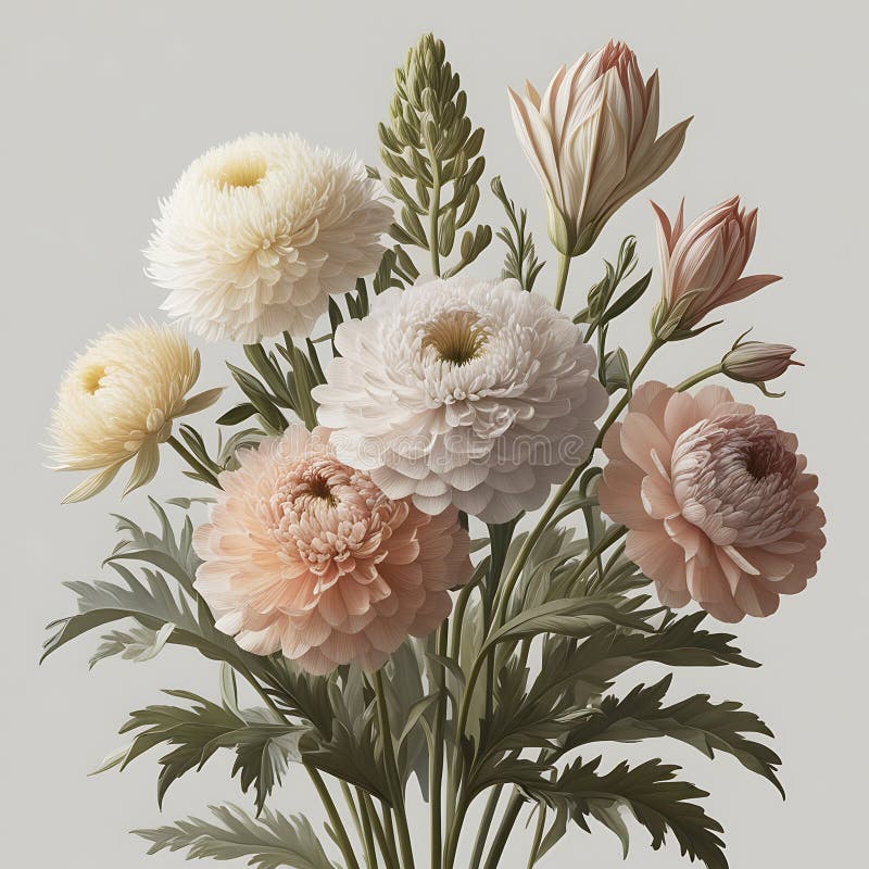 High Resolution Botanical Study Featuring Realistic Floral Bouquet with ...