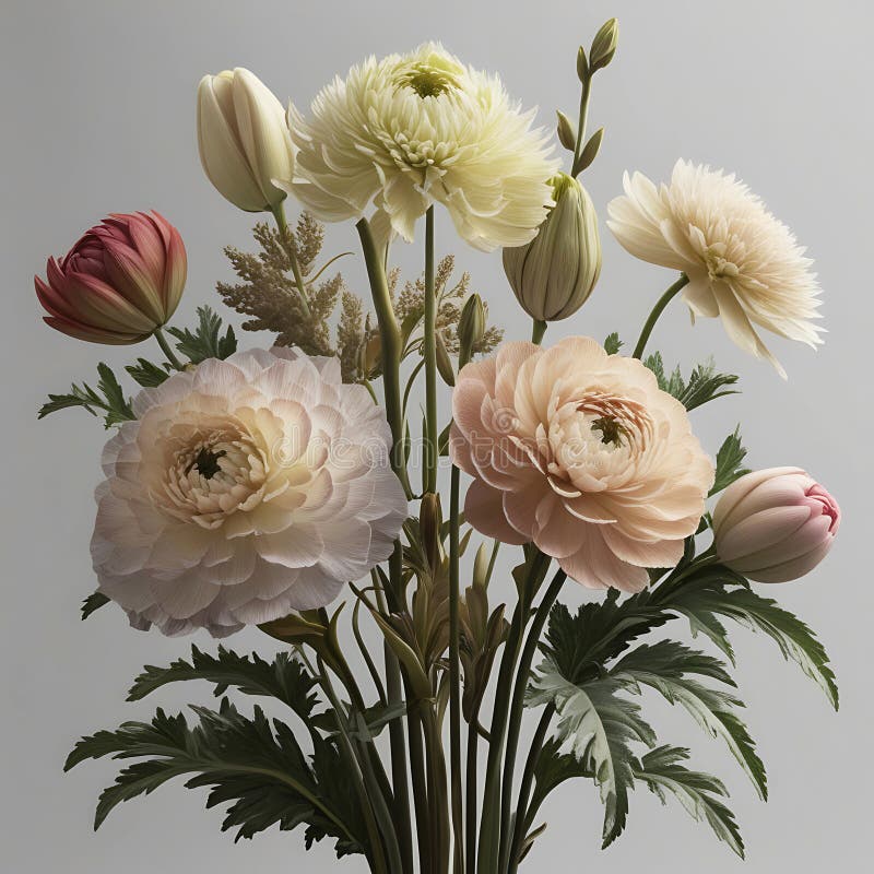 High Resolution Botanical Study Featuring Realistic Floral Bouquet with ...