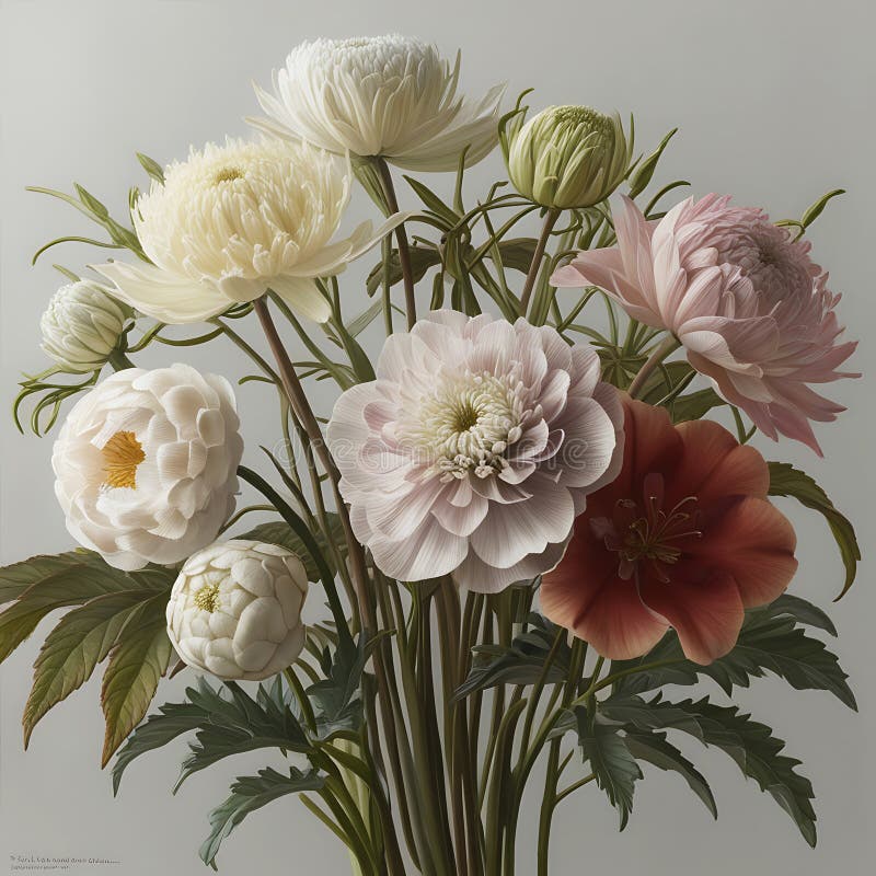 High Resolution Botanical Study Featuring Realistic Floral Bouquet with ...